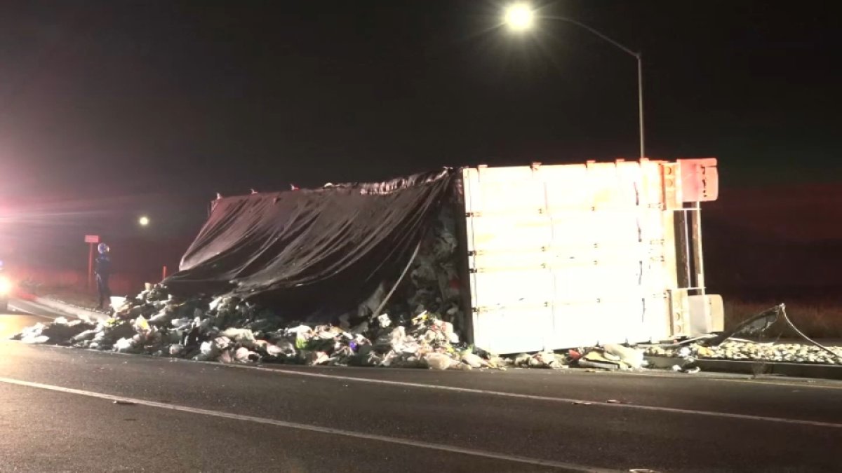 Overturned Dump Truck Spills Trash, Fuel Along Freeway Ramps in Fremont ...
