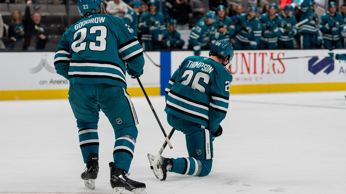 Jack Thompson first NHL goal celebration impresses Sharks’ Will Smith ...