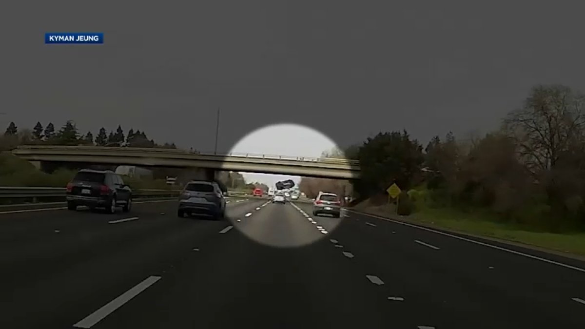 Car flies off Sacramento overpass, lands on I-5 below – NBC Bay Area