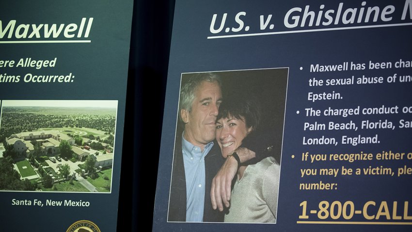 A photograph of Ghislaine Maxwell and Jeffrey Epstein is displayed during a news conference at the U.S. Attorney's Office in New York on July 2, 2020.